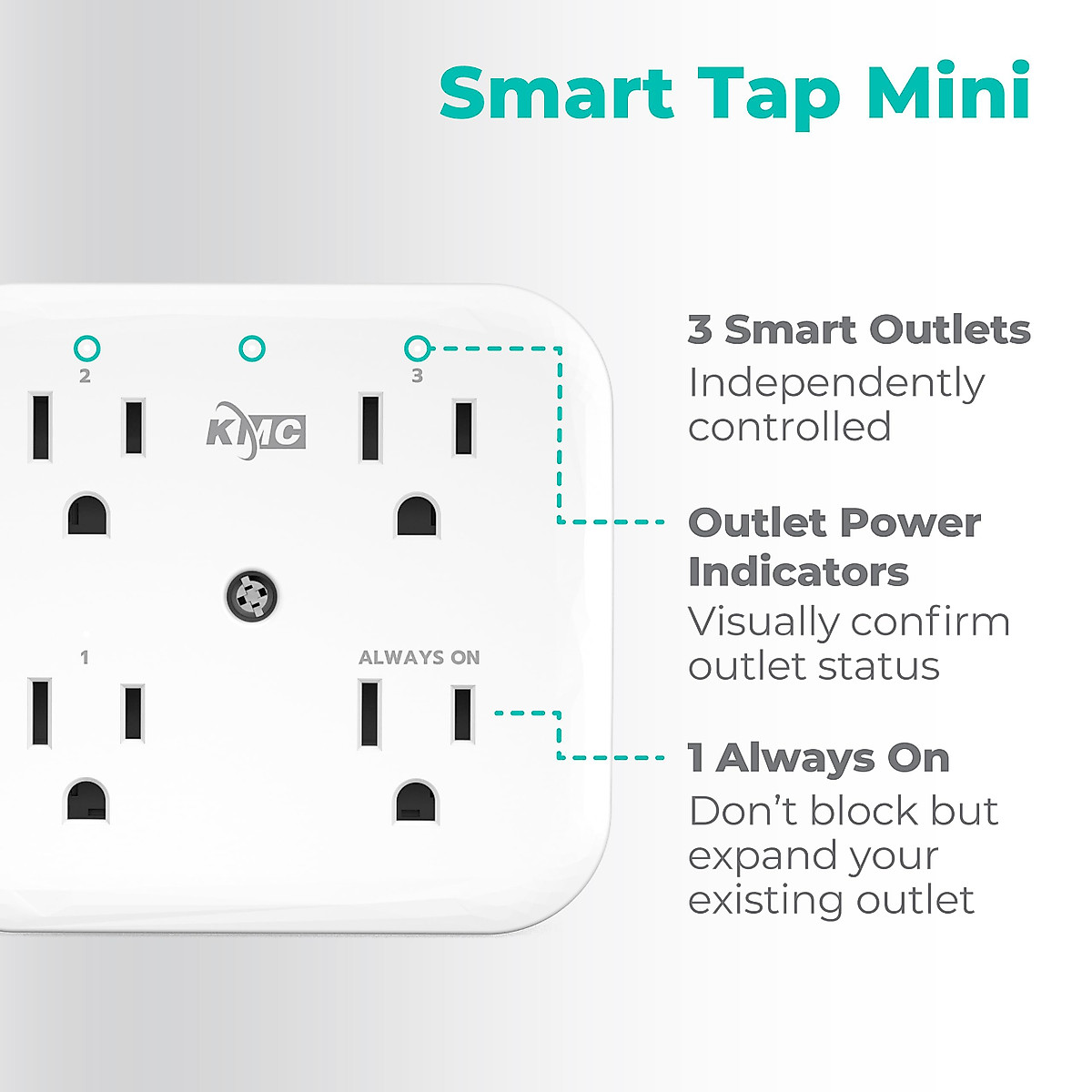 KMC Smart Tap Mini 2-Pack, 4-Outlet Wall Mounted Plug Adapter, 3 Independently Controlled Wi-Fi Outlets, Compatible with Alexa & Google Assistant, No Hub Required