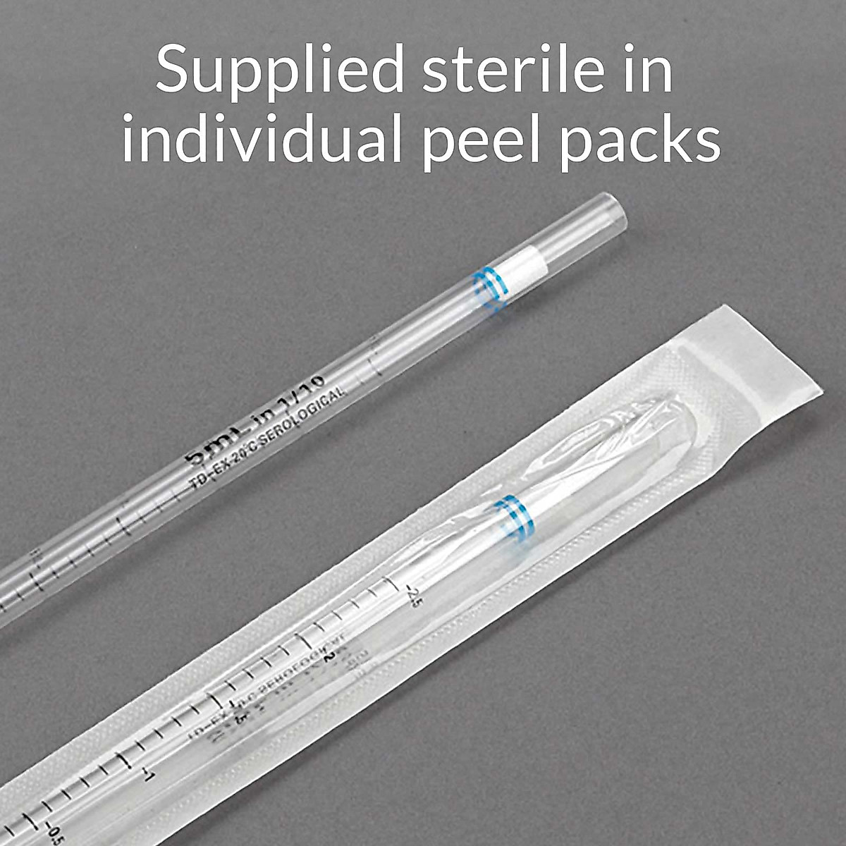 Globe Scientific 1740 Polystyrene UniPlast Serological Pipette, 5mL Capacity, Standard Tip, 296mm Length, Sterile, Blue Striped, Individually Wrapped (Case of 250)