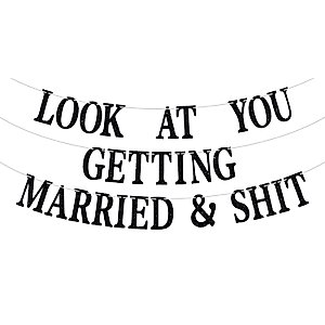 Look at You Getting Married Banner, Black Glitter Backdrop for Wedding Engagement Bridal Shower Party Decorations Supplies