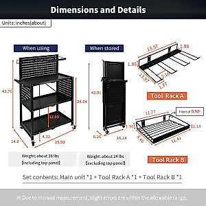 Lumizone 3-Tier Foldable Rolling Tool Cart with Wheels, Utility Cart with Pegboard for Garage Organizer and Tool Storage, Power Tool Storage Cart on Wheels (Tool Cart)