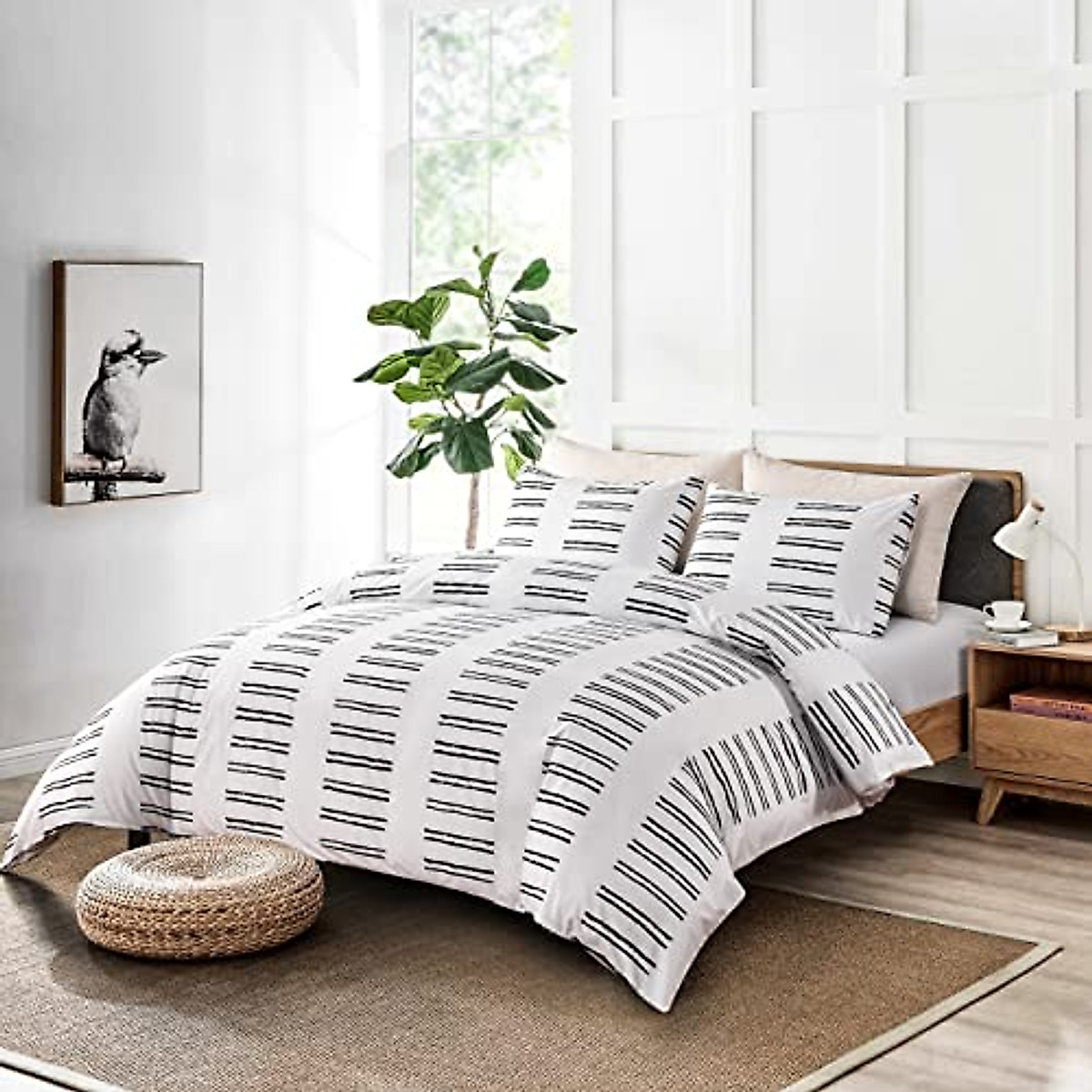 GETIANN Soft Bedding Duvet Cover Set Queen White Striped Comforter Cover Set Full 90"x90"(1 Comforter Cover and 2 Pillow Shams) Hotel Quality (Road, Full/Queen)