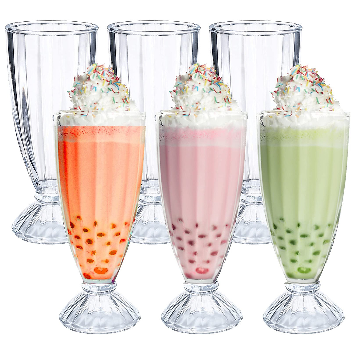 Cezoyx Set of 6 Milkshake Glasses with Spoons, 12 Oz Old Fashioned Soda Glasses Clear Cocktail Glasses, Ice Cream Sundae Cups for Smoothies, Milk Shakes, Sundaes and more