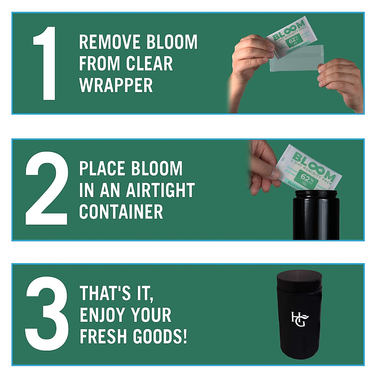 BLOOM 62% Humidity Packs by Herb Guard (10 Pack) - 8g Guaranteed to Keep Up to 1 Ounce Fresh for Months & Revive Dry Contents Back to Life