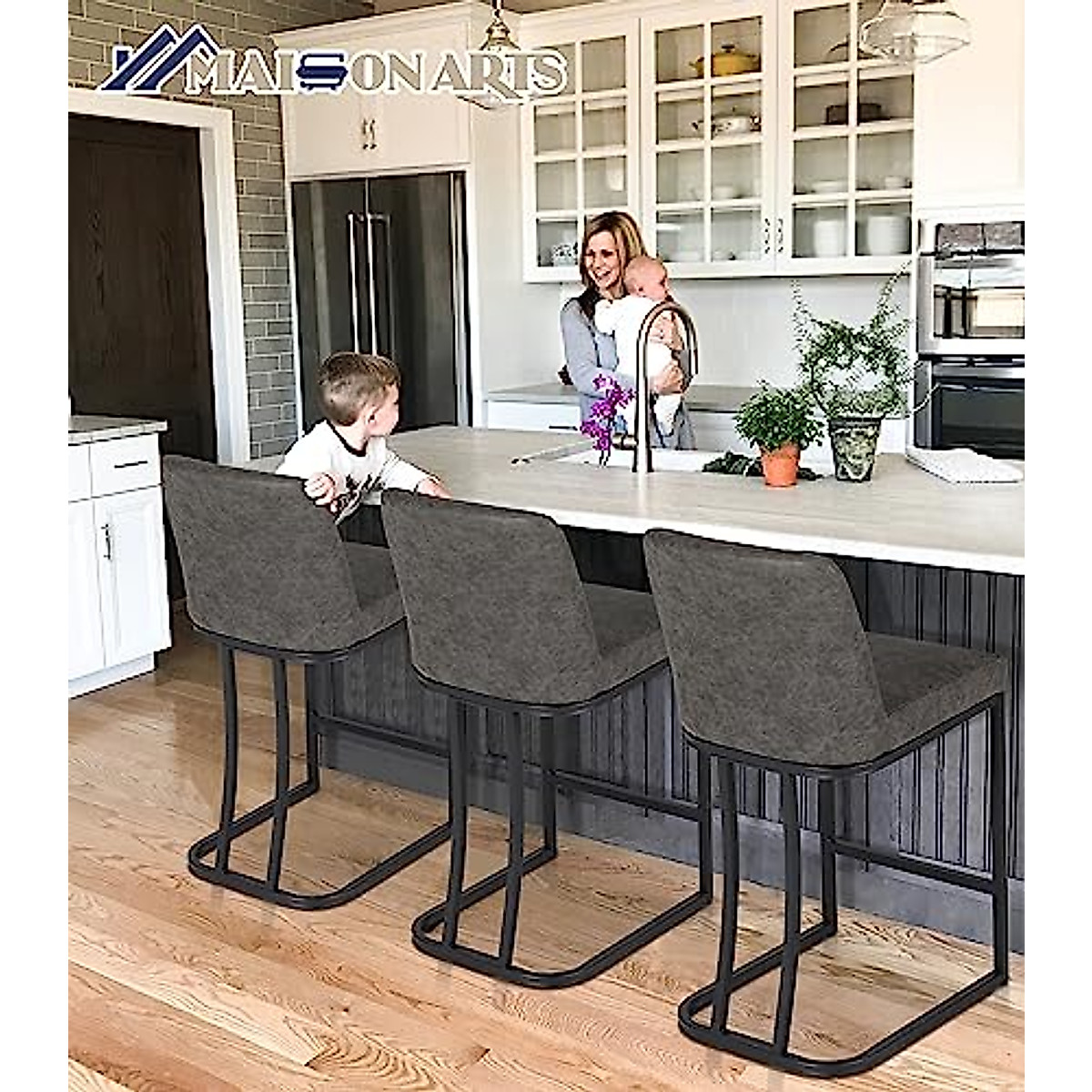 MAISON ARTS Counter Height 24" Bar Stools Set of 3 with Back for Kitchen Counter Modern Upholstered Barstools Faux Leather Farmhouse Bar Chairs Island Stools Support 330LBS, 24 Inch, Grey+Black Frame