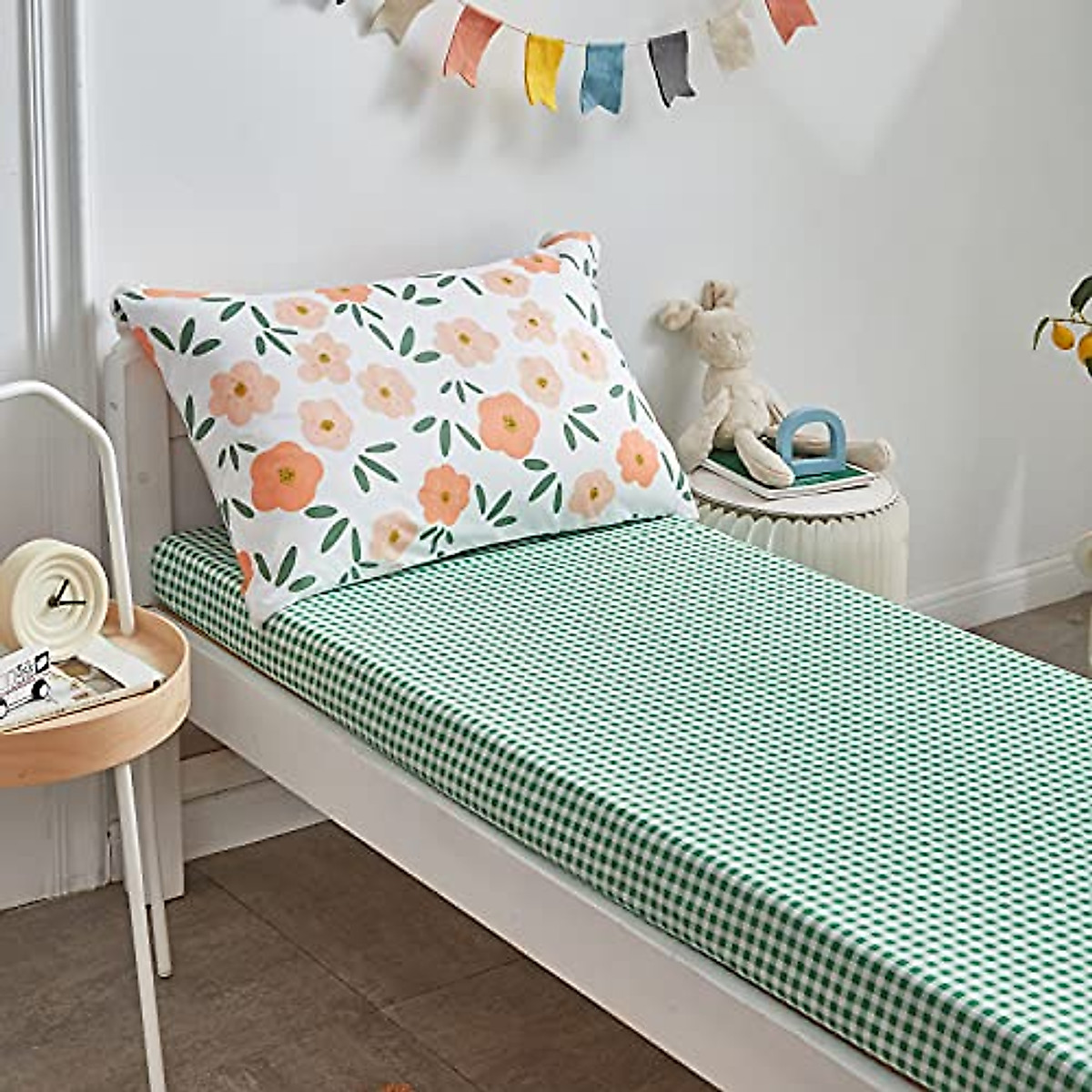 4 Pieces White Girls Toddler Bedding Set Orange Floral Style - Includes Adorable Quilted Flower Comforter, Green Plaid Fitted Sheet, Top Sheet, and Pillow Case for Girls Bed