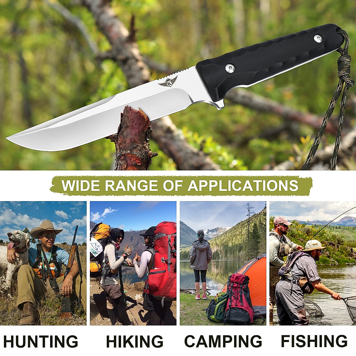 KOMWERO Fixed Blade Knife with Leather Sheath, D2 Steel Full Tang Hunting Knife, Non-Slip G10 Handle, EDC Survival Camping Knife for Outdoor Fishing Hiking