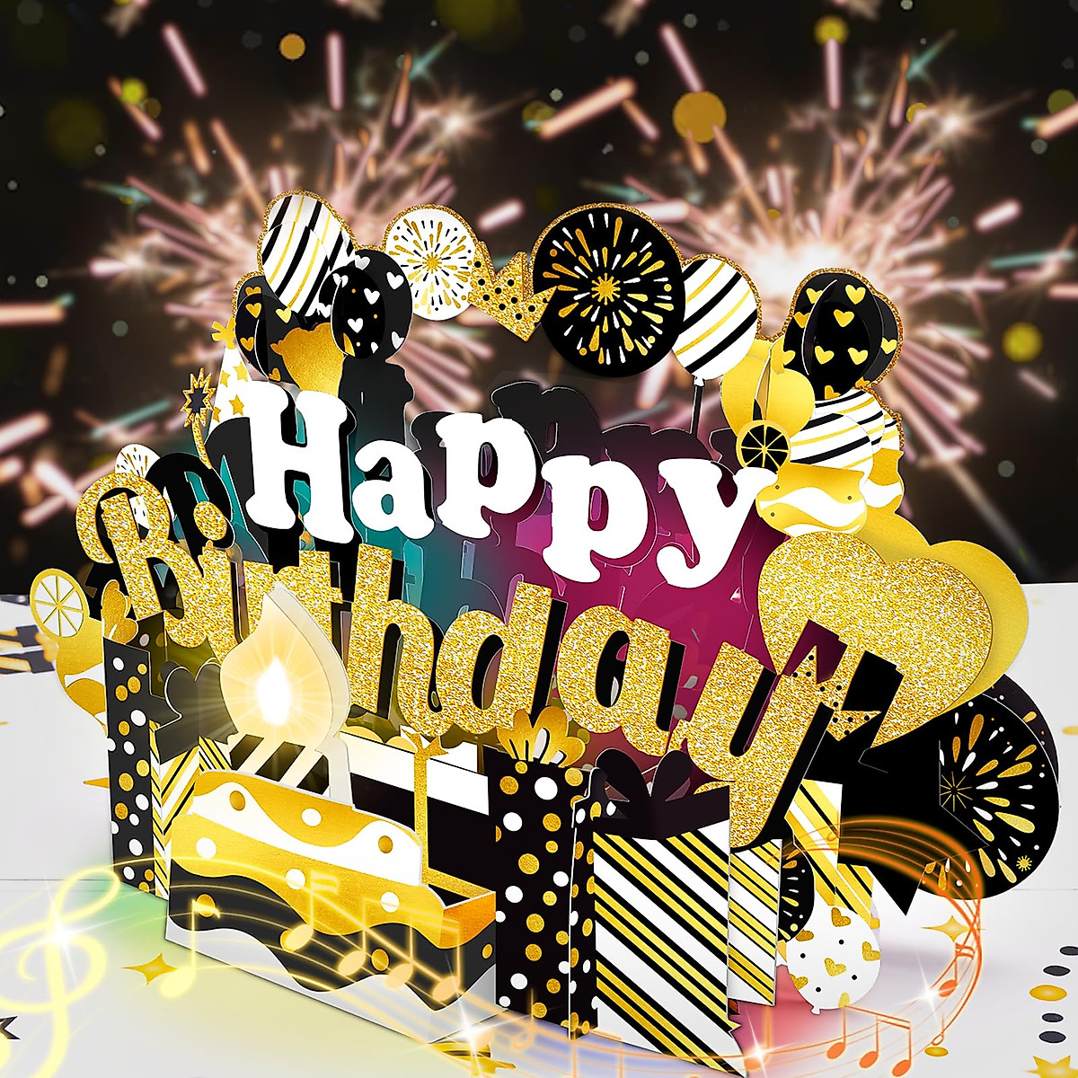 OPOWIS Light & Music Birthday Cards, 3D Blowable Candle Pop Up Cards with Cheers Sound, Plays Song 'HAPPY', Musical Happy Birthday Greeting Card for Women, Men, Kids