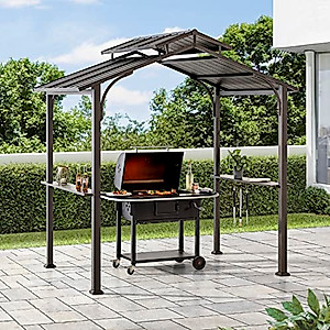 Sunjoy Grill Gazebo 5 ft. x 8 ft. Brown Steel Frame Double Tiered Hardtop Gazebo with Ceiling Hook and Bar Shelves