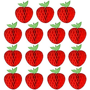 FEPITO 15 Pack 7 Inch Apple Tissue Honeycomb Hanging Red Paper Apple Decorations Fruit Decoration for Back to School, Baby Shower