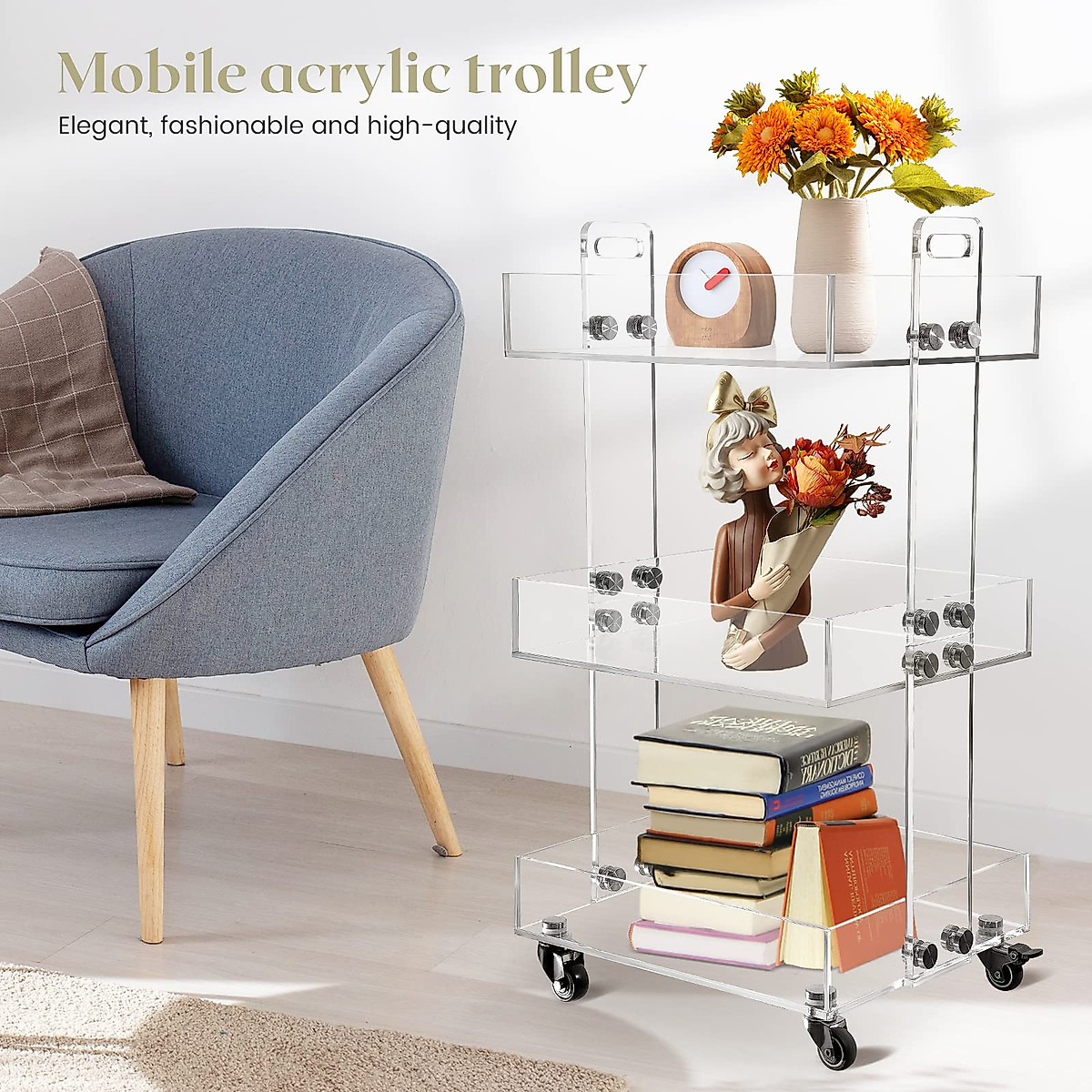 BOEASTER 3-Tier Acrylic Bar Cart,Storage Rolling Cart with Wheels,Clear Acrylic Side Table for Office School and Home