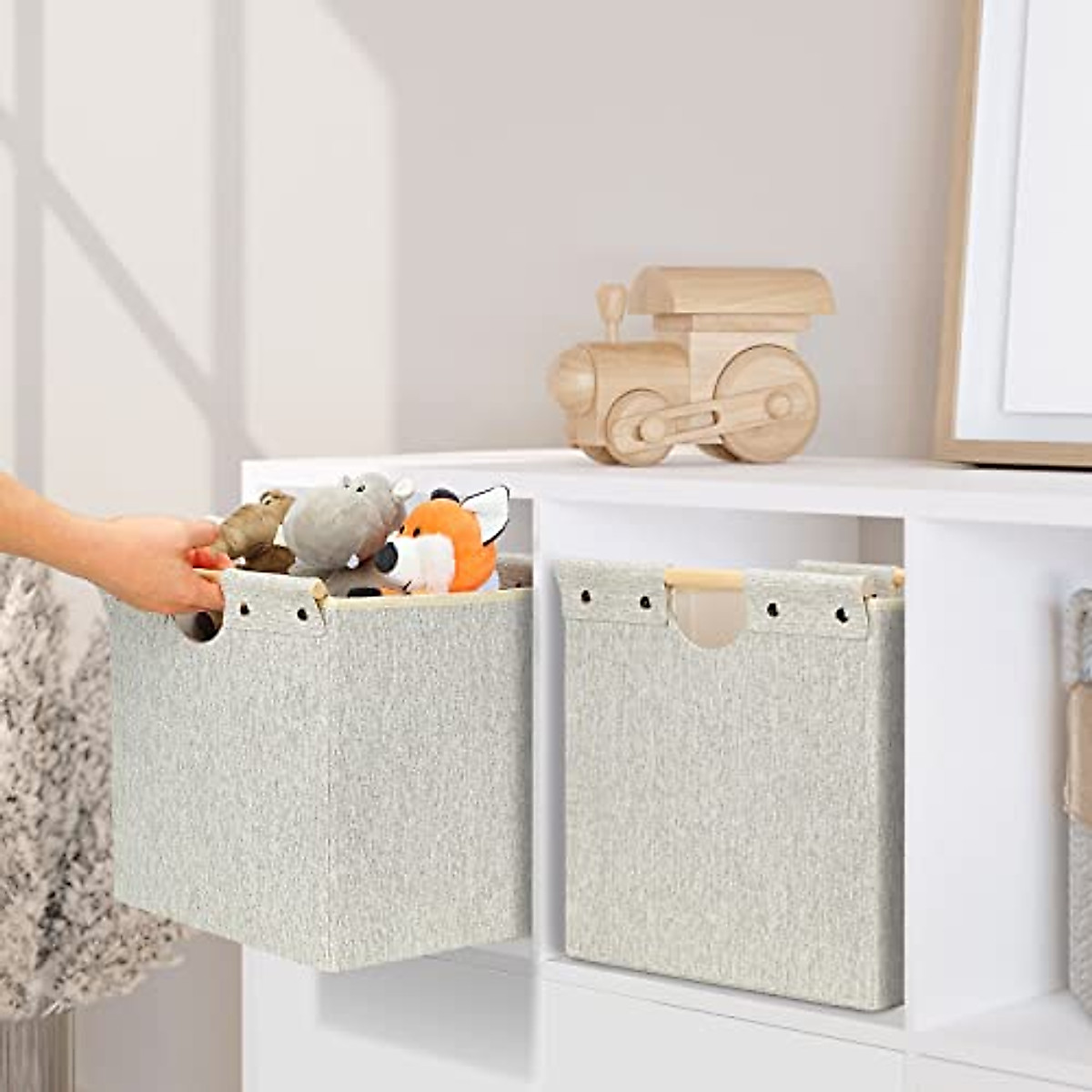 Posprica 13x13in Collapsible Storage Bins, 4 Pack Fabric Foldable Cube Storage Bins with Wooden Carry Handles, Decorative Storage Baskets for Bathroom Organizer, Shelves, Closet, Nursery, Toy -Beige