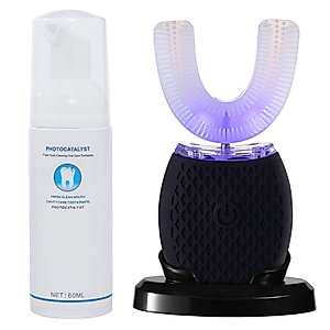 Ultrasonic Automatic Toothbrush U Shaped Toothbrush for Adults 360°Electric Toothbrush 30'' Automatic Timer Wireless Charging Washable Travel Home Dual-use (Black)