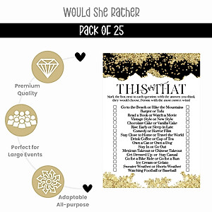 Paper Clever Party Black and Gold Bridal Shower Games - 25 Pack, USA Made, 5x7 Premium Quality Cardstock, Would She Rather Fun Activity for Weddings, Rehearsals, Couples, Birthdays, and Parties