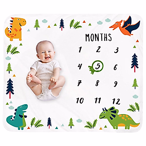 Baby Monthly Milestone Blanket Boy - Dinosaur Neutral Newborn Month Blanket for Boy & Girl Personalized Shower Gift Soft Plush Fleece Photography Background Prop with Frame Large 47''x40''