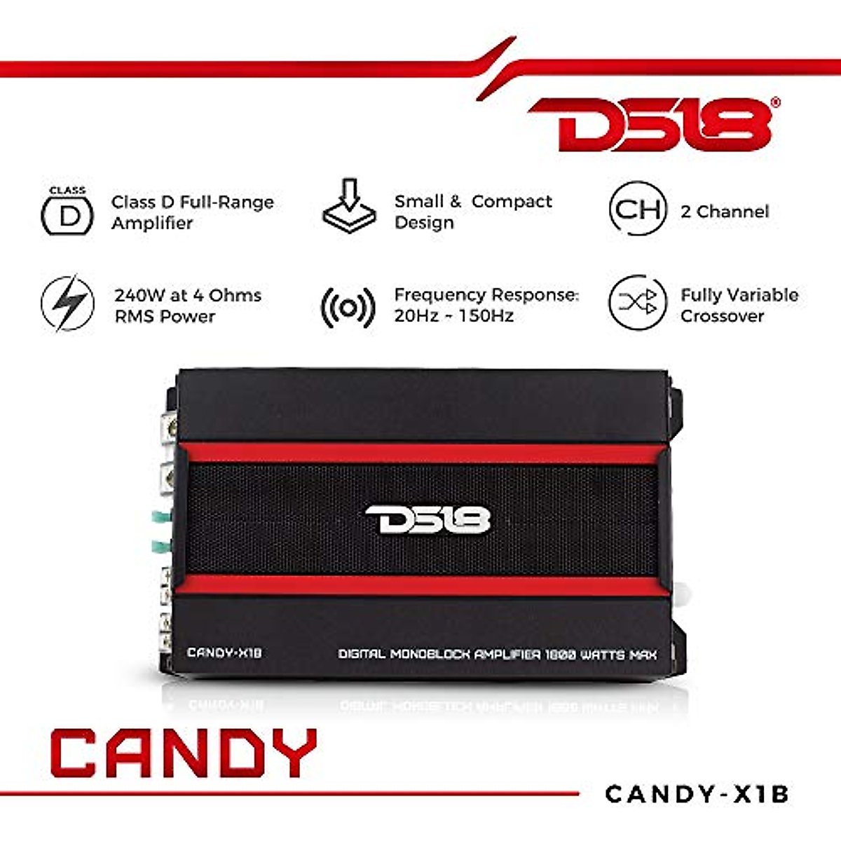 DS18 CANDY-X1B Amplifier in Black - Class D, Monoblock, 1800 Watts Max, Digital, 1/2/4 Ohm, with Remote Subwoofer Level Controller - Compact Amplifier for Speakers in Car Audio System