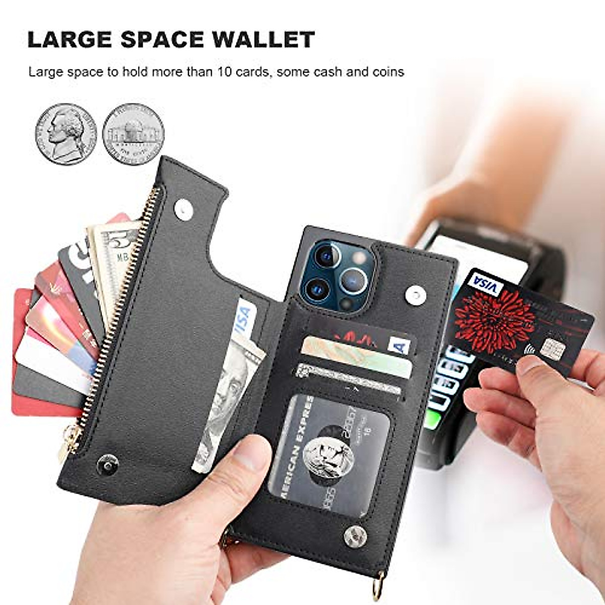 Bocasal Crossbody Wallet Case for iPhone 12 Pro Max with Card Holder,Zipper Card Slot Protector Shockproof Purse Cover with Removable Cross Body Strap 6.7 Inch(Black)