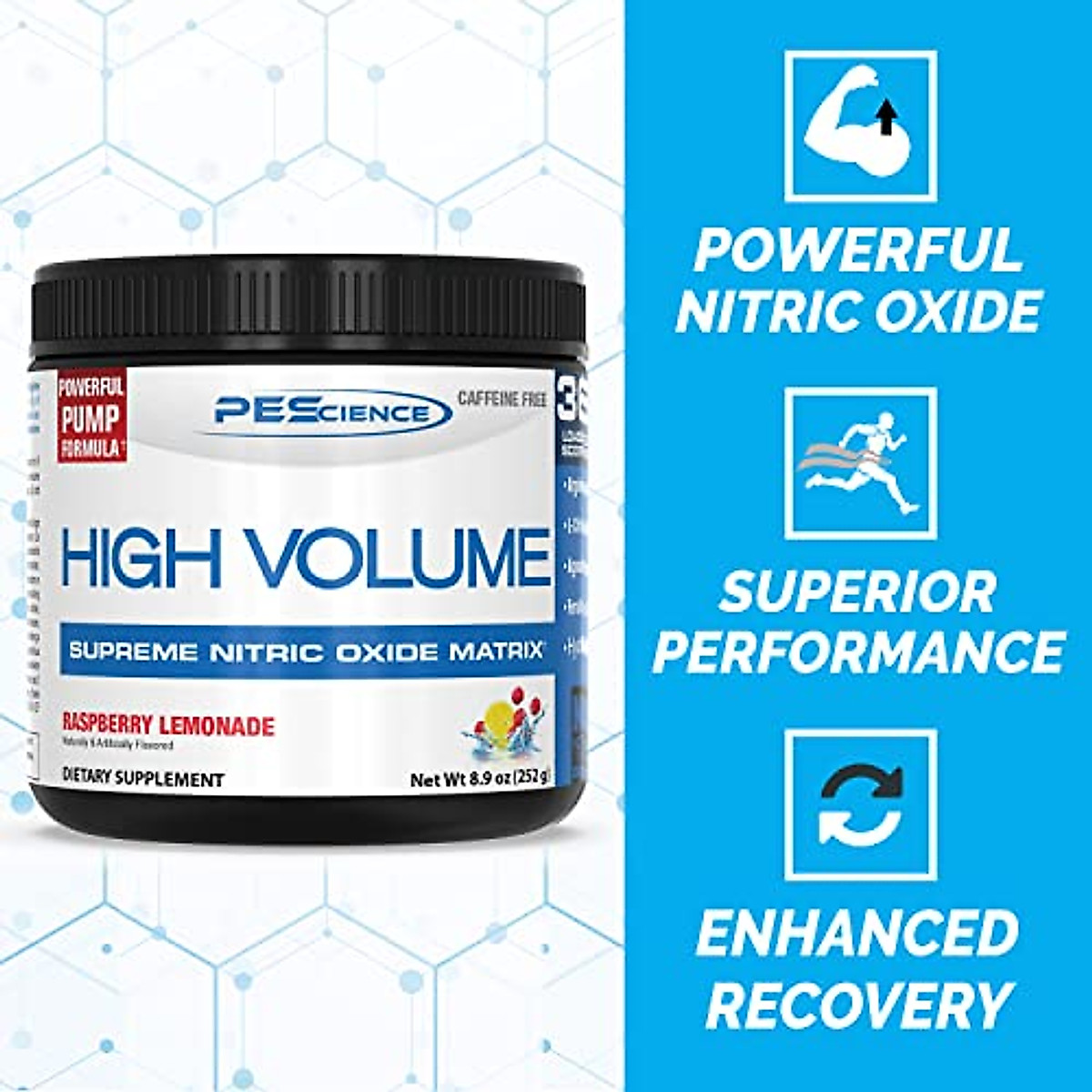 PEScience High Volume Nitric Oxide Booster Pre Workout Powder with L Arginine Nitrate, Raspberry Lemonade, 36 Scoops, Caffeine Free