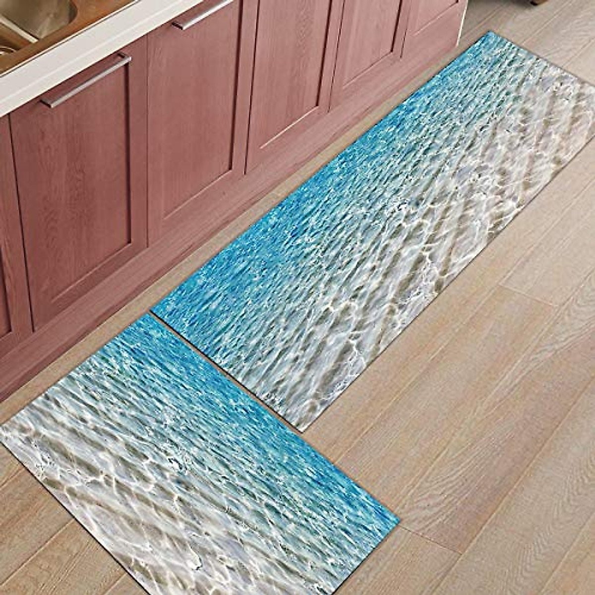 Big buy store Kitchen Rug Sets 2 Piece Beach Theme Non Slip Anti Fatigue Floor Mats Clear Sea Sand Ocean Comfort Soft Absorb Cushioned Standing Doormat Runner Rugs (19.7x31.5+19.7x47.2 inch)