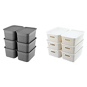 AREYZIN Plastic Storage Baskets With Lids Stacable Organizing Container Lidded Knit Storage Organizer Bins for Shelves Drawers Desktop Closet Playroom Classroom Office, Grey and White
