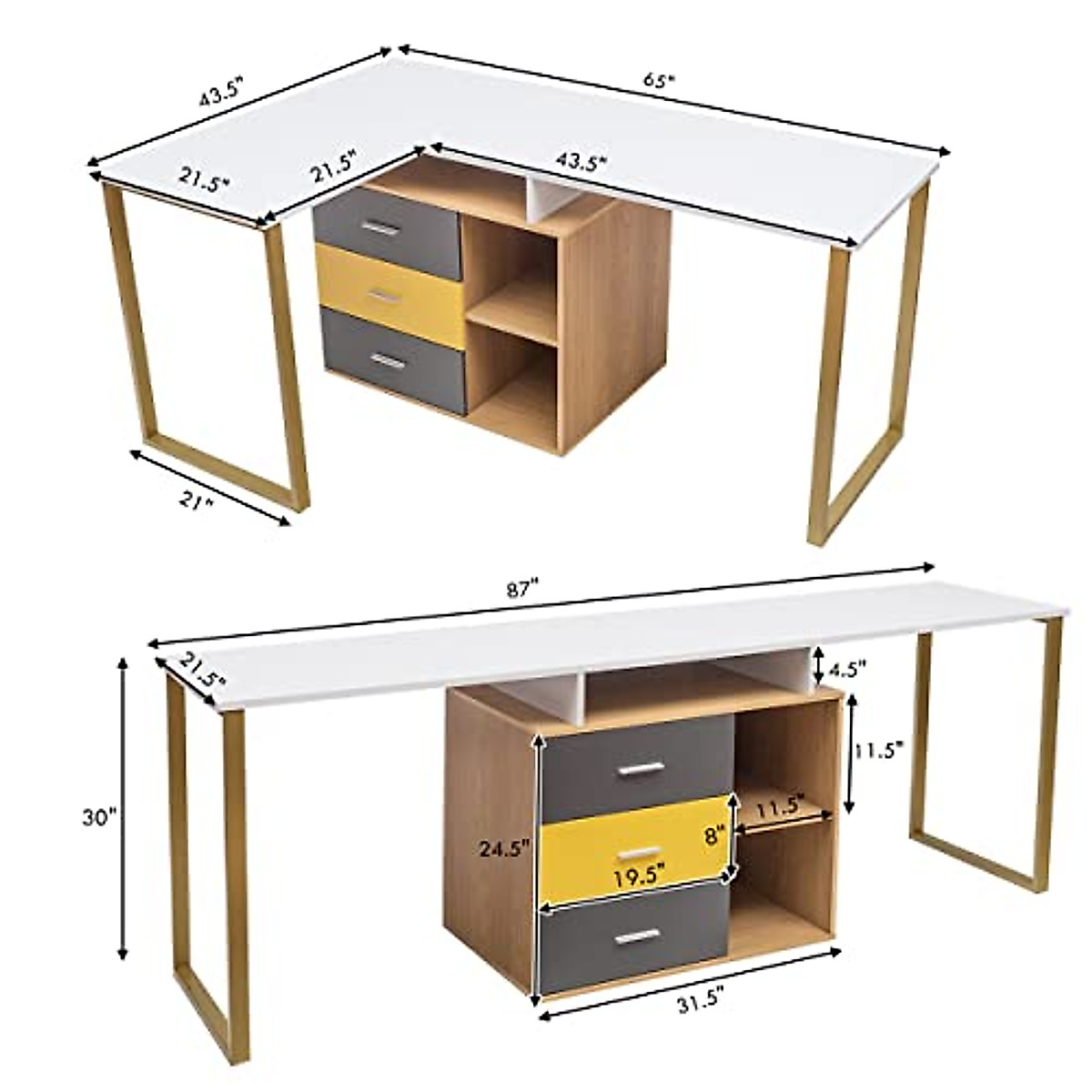 Tangkula 87 inch 2-Person Desk with 3 Storage Drawers & Shelves, Large Computer Desk, Multifunctional L-Shaped Desk Writing Desk Computer Workstation with Spacious Desktop, Home Office Desk