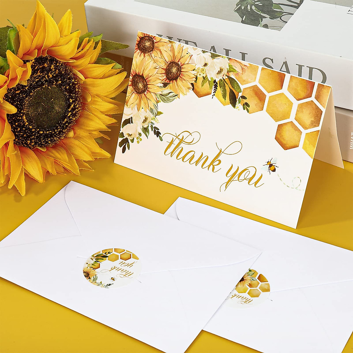 AnyDesign Sunflower Bee Thank You Cards Bulk 30 Pack Thank You Notes with Matching Seal Stickers Envelopes Blank Greeting Note cards for Wedding Baby Shower Bridal Birthday Party Invitation