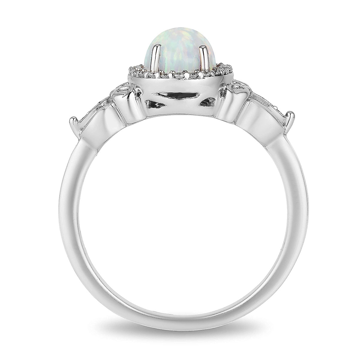 Jewelili Enchanted Disney Fine Jewelry Sterling Silver 8X6 MM Created Opal and 1/10 Cttw Natural White Round Diamond Cinderella Ring, Size 7