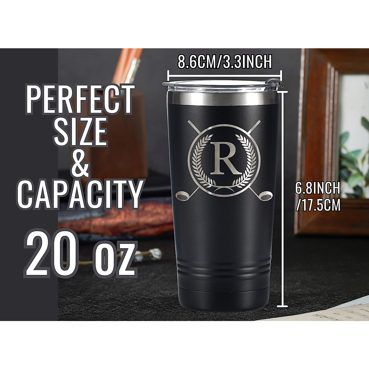 Onebttl Golf Gifts for Men With Initial - 20oz Travel Mug With Golf Design, Perfect for Golfers & Lovers, Birthday, Christmas - R