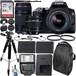 Canon EOS 250D (Rebel SL3) DSLR Camera with 18-55mm & 75-300mm Canon Lenses & Essential Accessory Bundle – Includes: SanDisk Ultra 64GB SDXC Memory Card, Extended Life Spare Battery & More