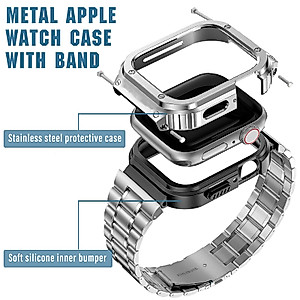 MioHHR Stainless Steel Watch Band with Case Compatible with Apple Watch Series 9/8/7(45mm),Rugged Strap with Metal Protective Bumper Cover for iWatch Band Men(Silver)