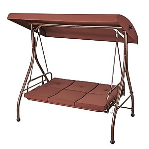 VEVOR 3-Seat Patio Swing Chair, Converting Canopy Swing, Outdoor Patio Porch with Adjustable Canopy, Removable Thick Cushion and Alloy Steel Frame, for Balcony, Backyard, Poolside, Brown