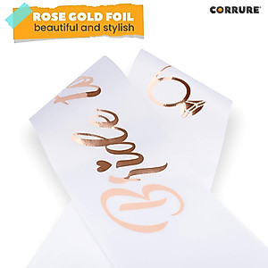 CORRURE 'Bride to Be' Bachelorette Party Sash - Bridal Shower White Satin Sash with Rose Gold Foil Lettering - Hen Party Decorations Supplies Accessories, Wedding Engagement Party Favors Gift