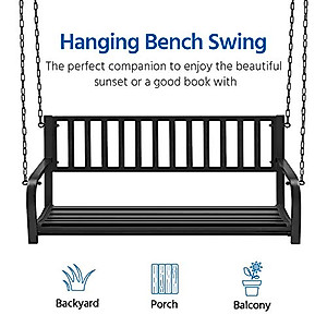 Topeakmart Hanging Porch Swing Bench Outdoor, 2-Person Metal Iron Patio Bench for Garden Deck Patio Swing Chair with Chains, Black