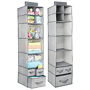 mDesign Soft Fabric Over Closet Rod Hanging Storage Organizer with 7 Shelves and 3 Removable Drawers for Child/Kids Room or Nursery - Textured Print - 2 Pack - Gray