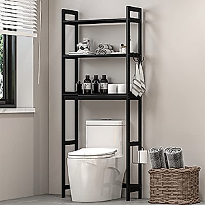 Bonzy Home Over The Toilet Storage, Bamboo 3 Tier Bathroom Organizer Space Saver Bathroom Shelf Freestanding Toilet Stands with Hooks