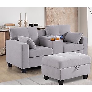 Generic Loveseat Sofa with Storage Ottoman & Console Cupholders, 2 Seater Modular Couch with Charging Station Modern Velvet Small Sectional Couch for Aparment,Home Office, Light Grey, F8001LIST