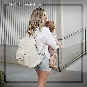 Monaco Large Diaper Bag Backpack by Luli Bebe - Designer Modern Vegan Leather Stylish Baby Backpack Diaper Bag for Mom, Multipurpose, Roomy, with Changing Pad (Pearl White)