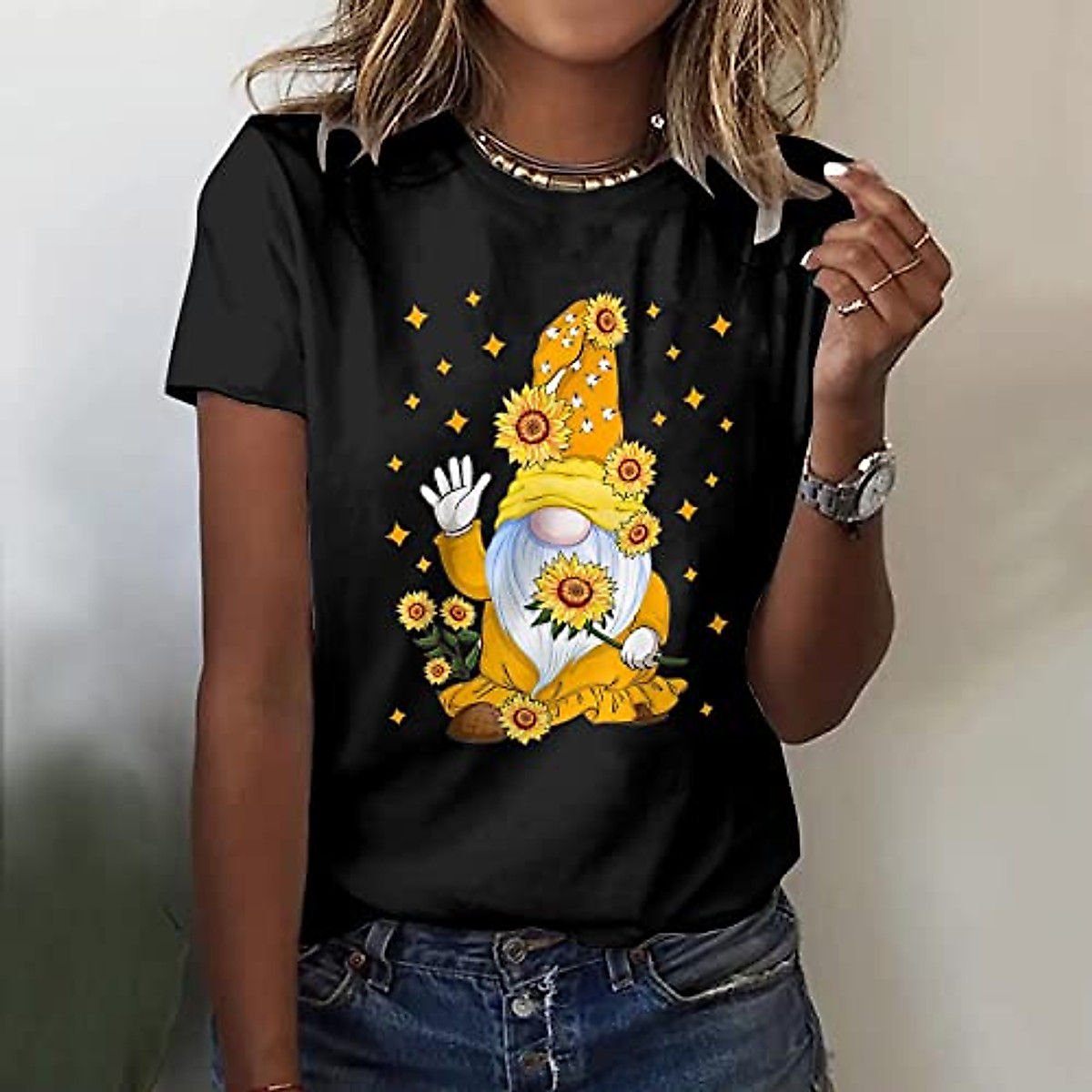 Women's Classic Version Type Cotton Short Sleeve Crewneck T Shirt Fun Printed Festival Black