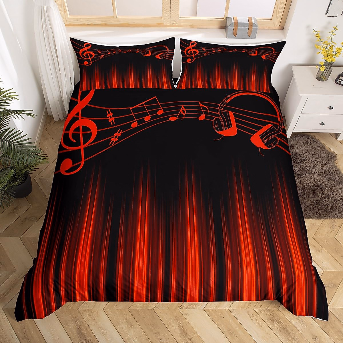 Feelyou Abstract Ombre Bedding Set Full Size Kids Red and Black Musical Comforter Cover Set for Boys Girls Teens Music Geometric Duvet Cover Striped Bedspread Cover Room Decor Quilt Cover