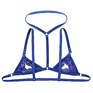 Men's Floral Hollow Out Strappy Bra Sissy Lace See Through Sheer Bralette Adjustable Straps Bikini Lingerie Top (Blue,Large)