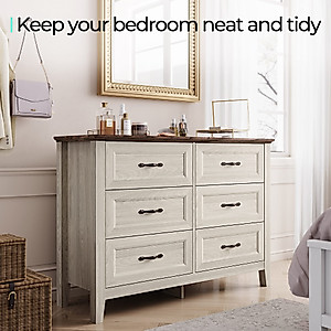 LINSY HOME Farmhouse 6 Drawers Dresser, White Wood Dresser for Bedroom Wide Chest of Drawers, French Country Storage Double Dressers Organizer for Bedroom, Living Room