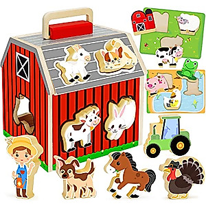 Wooden Farm Animals Toys for 1 2 3 Year Old Girl Boy, Take-Along Sorting Barn Toy with Baby Chunky Puzzles, Montessori Learning Toys for Fine Motor Games, Christmas Birthday Gifts for Toddlers 1-3
