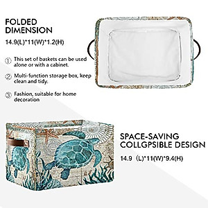 AUUXVA Sea Ocean Turtle Retro Map Storage Basket Bin Seaweed Large Fabric Toys Storage Cube Box with Handles Collapsible Closet Shelf Cloth Organizer Basket Set of 2 for Nursery Bedroom