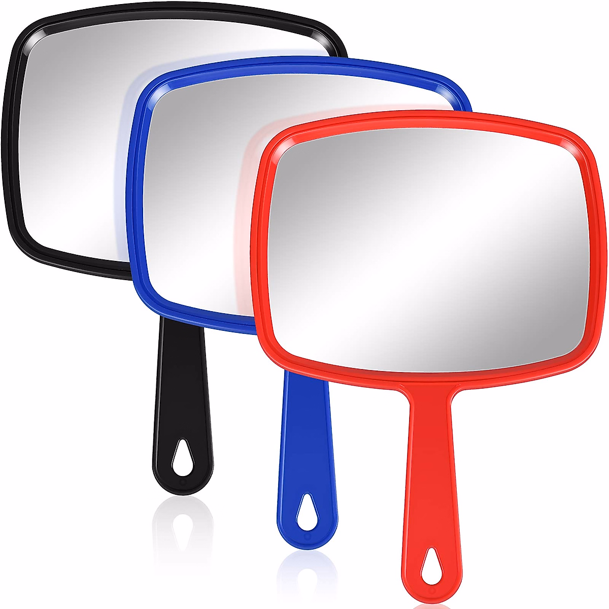 Jetec 3 Pieces Hand Handheld Cosmetic Mirrors with Handle, Portable Vanity Mirrors for Travel, Home, and Salon Use(9.17 x 6.53 Inch,Red, Black, Blue)