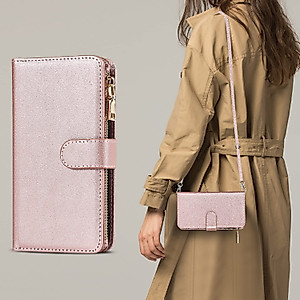 iCoverCase for iPhone 13 Wallet Case with Card Holder and Adjustable Crossbody Lanyard, PU Leather Kickstand Card Slots [Not Detachable] Flip Cover Case 6.1 Inch (Rose Gold)