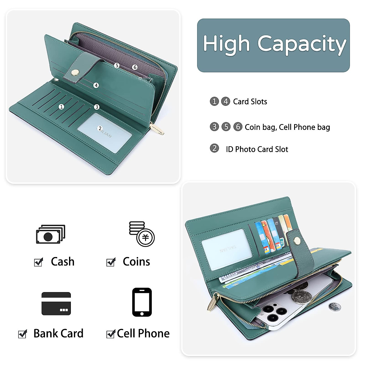 PORRASSO Wallet Women's Wristlet Bag Purse Bag Leather Card Holder Cell Phone Bag with Wrist Strap Card Slots Ladies Wallet Green