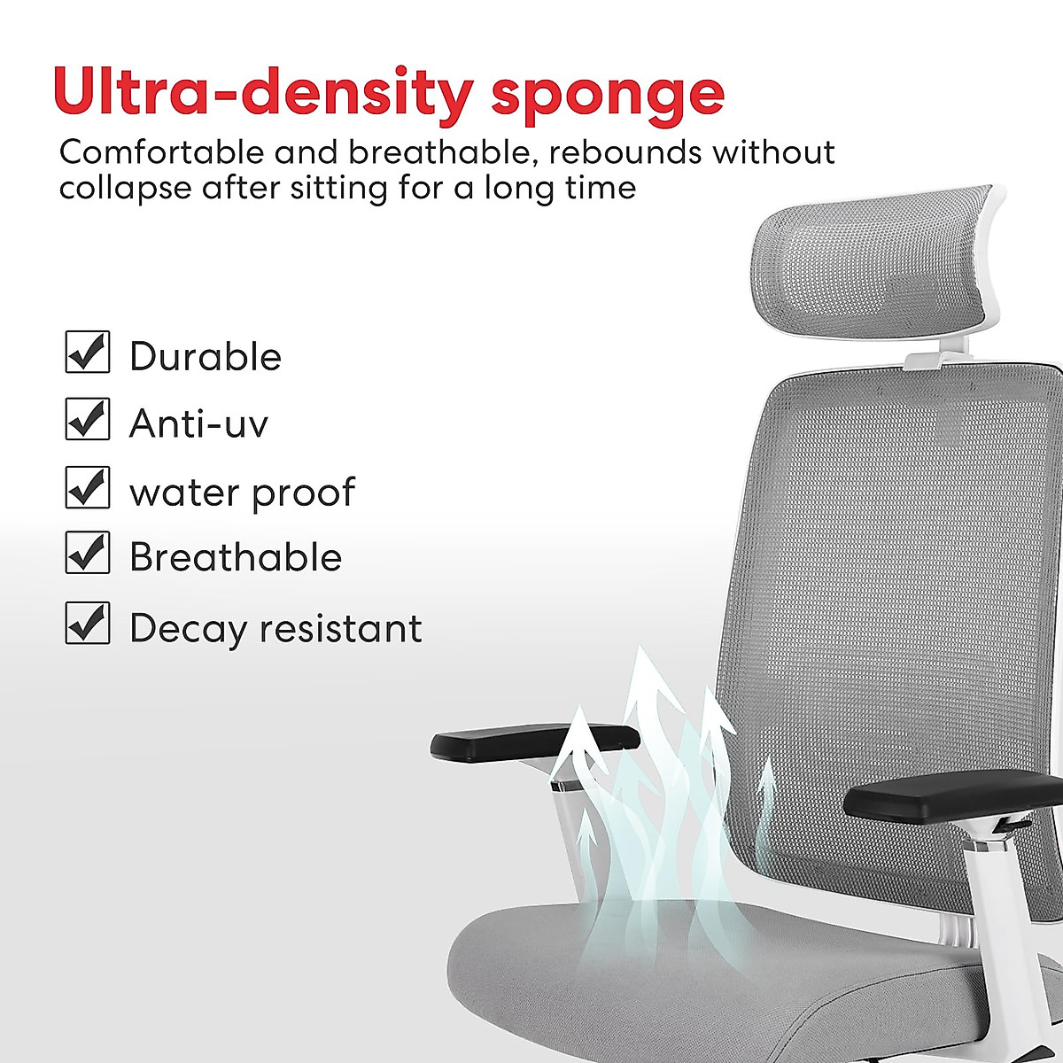 Schwake Ergonomic Office Chair - High Back Desk Chair with Adjustable Lumbar Support, Headrest & 3D Armrest - 135°Rocking Mesh Computer Chair (White & Grey)