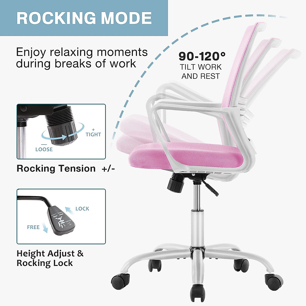AFO Ergonomic Office Chair Adjustable with Comfortable Lumbar Support, Armrest and Padded Seat, 360 Degree Swivel, Mid Back Breathable Mesh, Rocking Mode, for Conference Room, Executive, Study, Pink