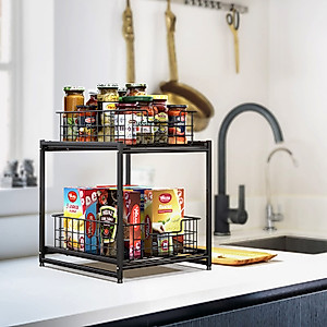 MaraFansie Under Kitchen Cabinet Sink Organizer and Storage with Sliding Drawer, Wider 2 Tier Stackable Basket Rack for Kitchen & Bathroom with Larger Capacity Heavy Duty, Black