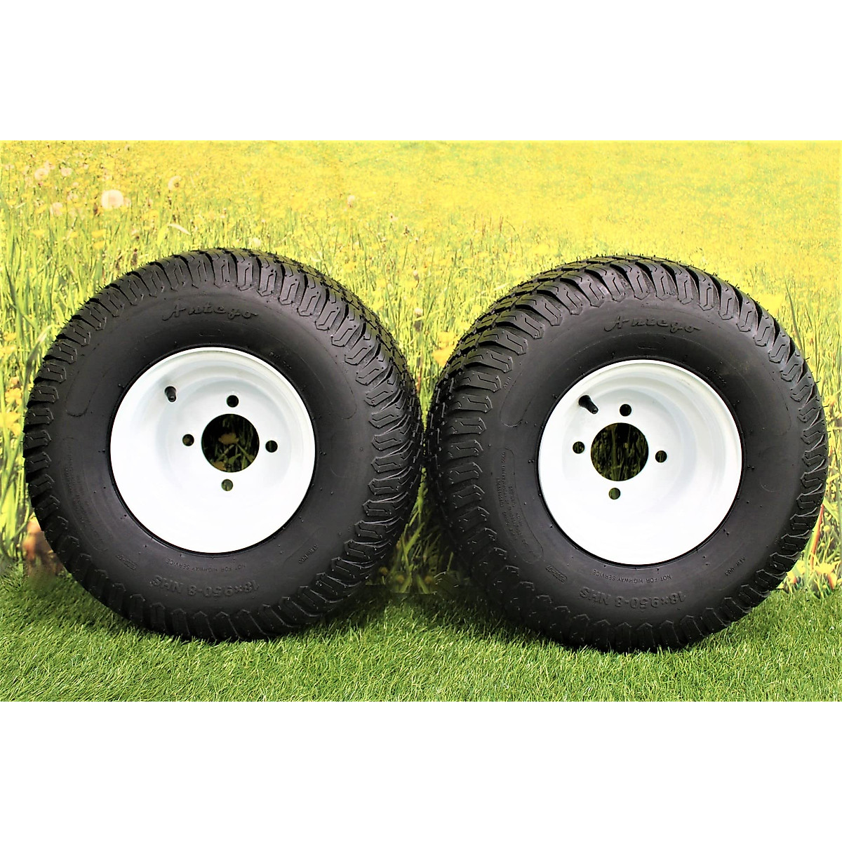 Antego Tire & Wheel - Set of Two 18x9.50-8 4 Ply Tire & Wheel Assemblies | White 8x7 Wheel | Direct Replacement for Toro/Exmark 110-6883, 120-2249 | Suitable for Golf Carts & Some Craftsman Mowers