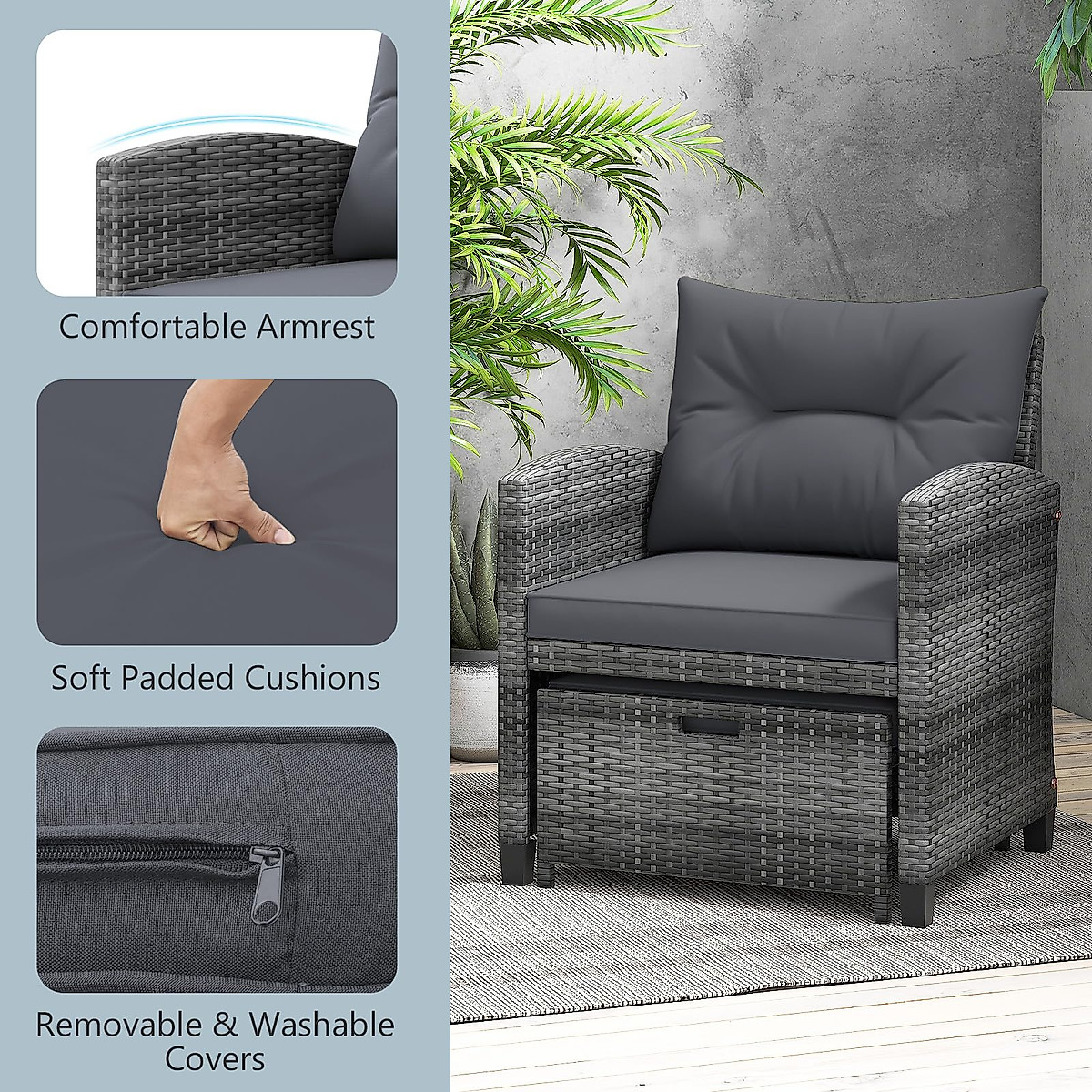 ORALNER 5 Pieces Patio Furniture Set with Ottoman, Wicker Conversation Set w/Cushions, Glass Coffee Table, Outdoor Lounger Rattan Chairs Bistro Set for Porch Balcony Garden Deck Poolside (Grey)